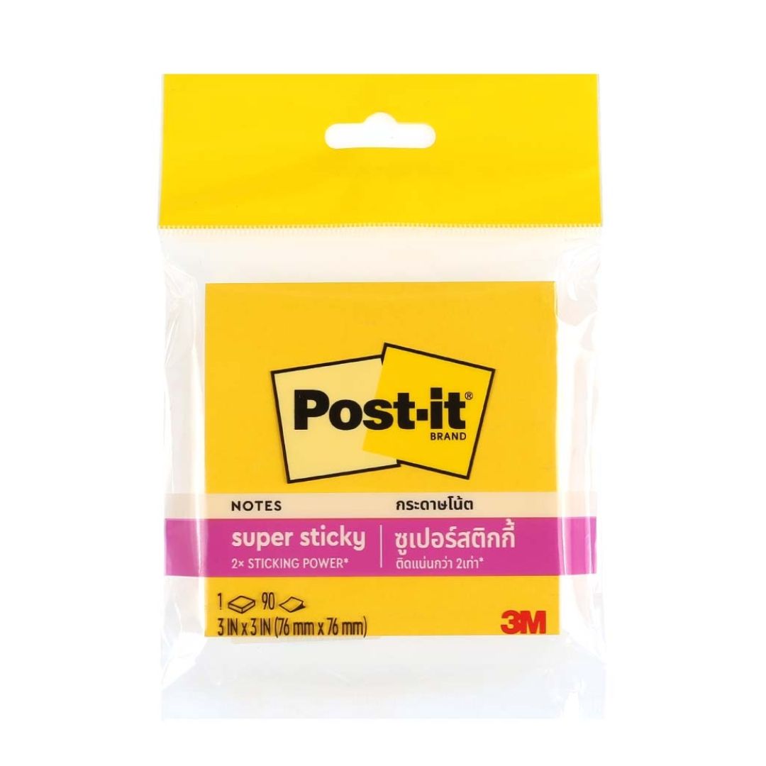 3M Post-it Super Sticky Notes 654-1SS3Y, Yellow, 76 mm x 76 mm, 90 she