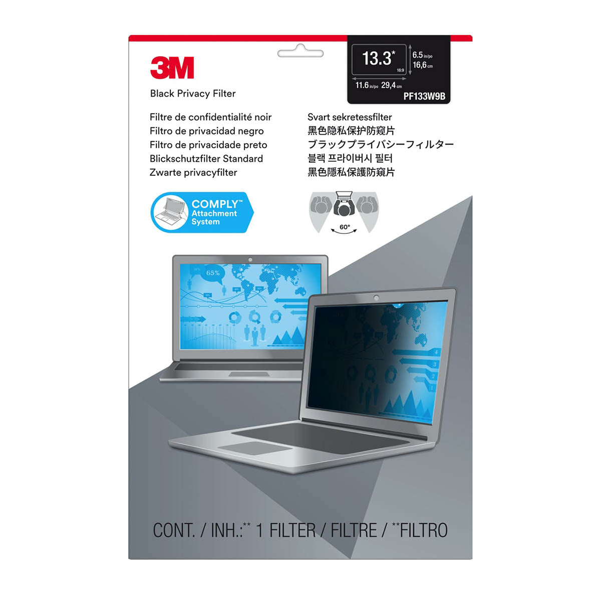 3M Privacy Filter 13.3" Screen Laptop w/ Comply Attachment System